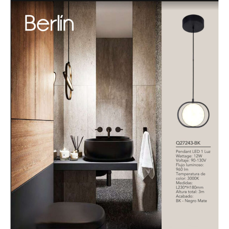 Q27243-BK — BERLÍN Luminario LED 12w colgante de 1 luz en acero negro y con altura de 3 metros ...