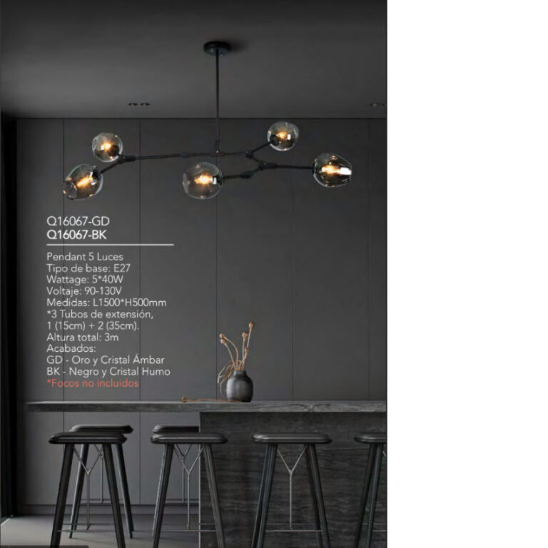 Q31628-GD — SAKURA Luminario colgante de 5 luces en metal y cristal color negro marca Quor ...